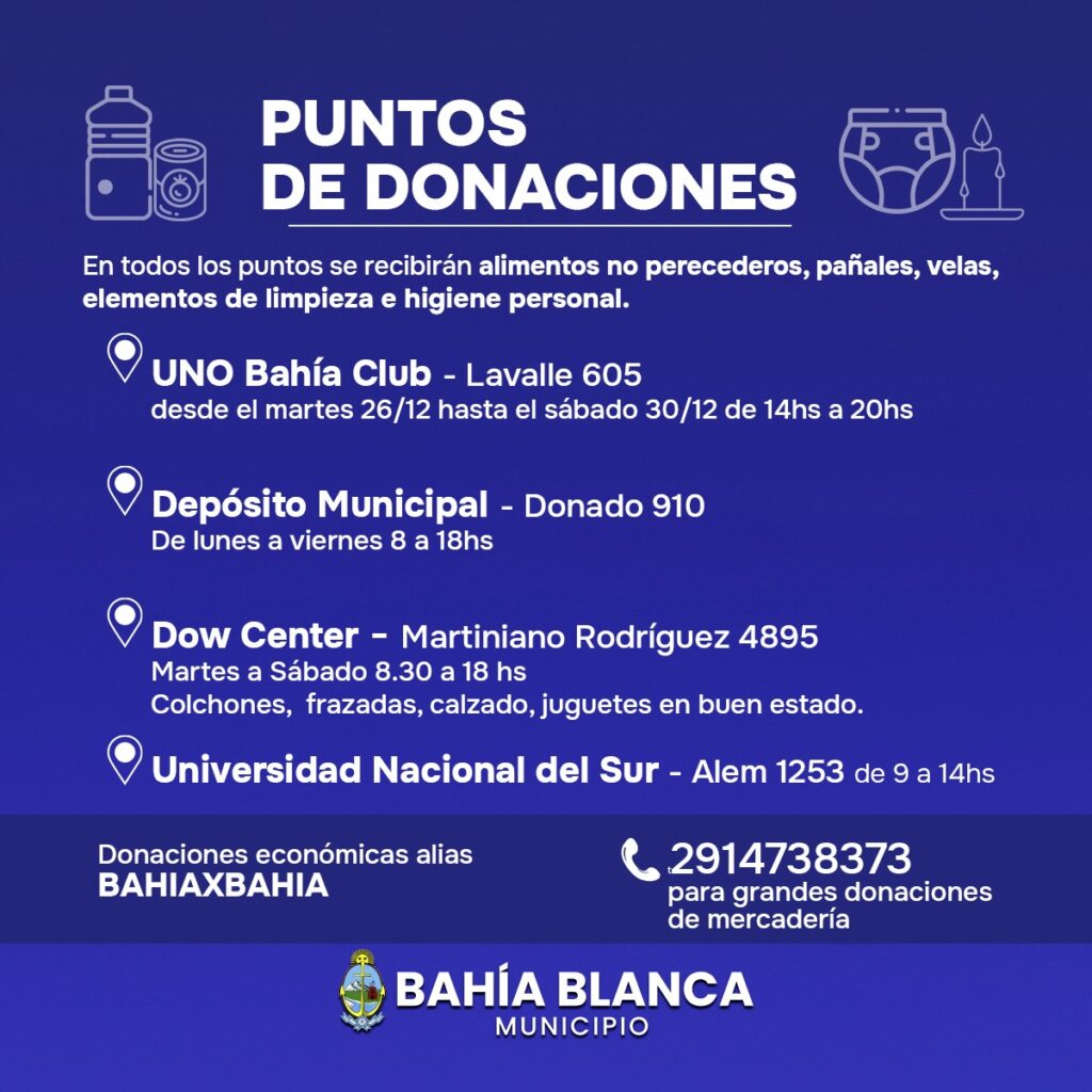 Lugares que reciben donaciones en Bahía Blanca tras el temporal ...